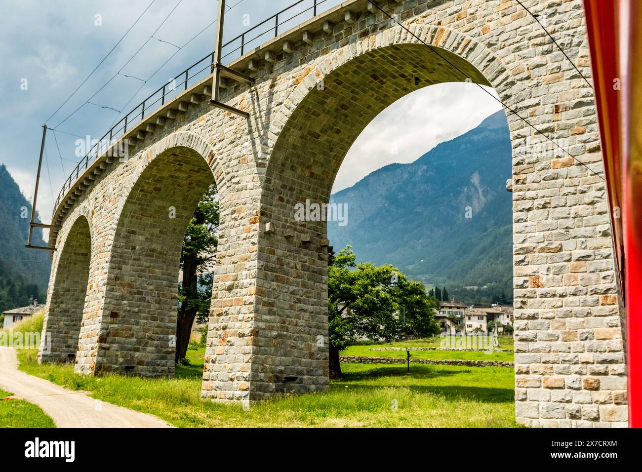 Spiral bridge. Swiss Alps mountain landscape, from Bernina tourist ...
