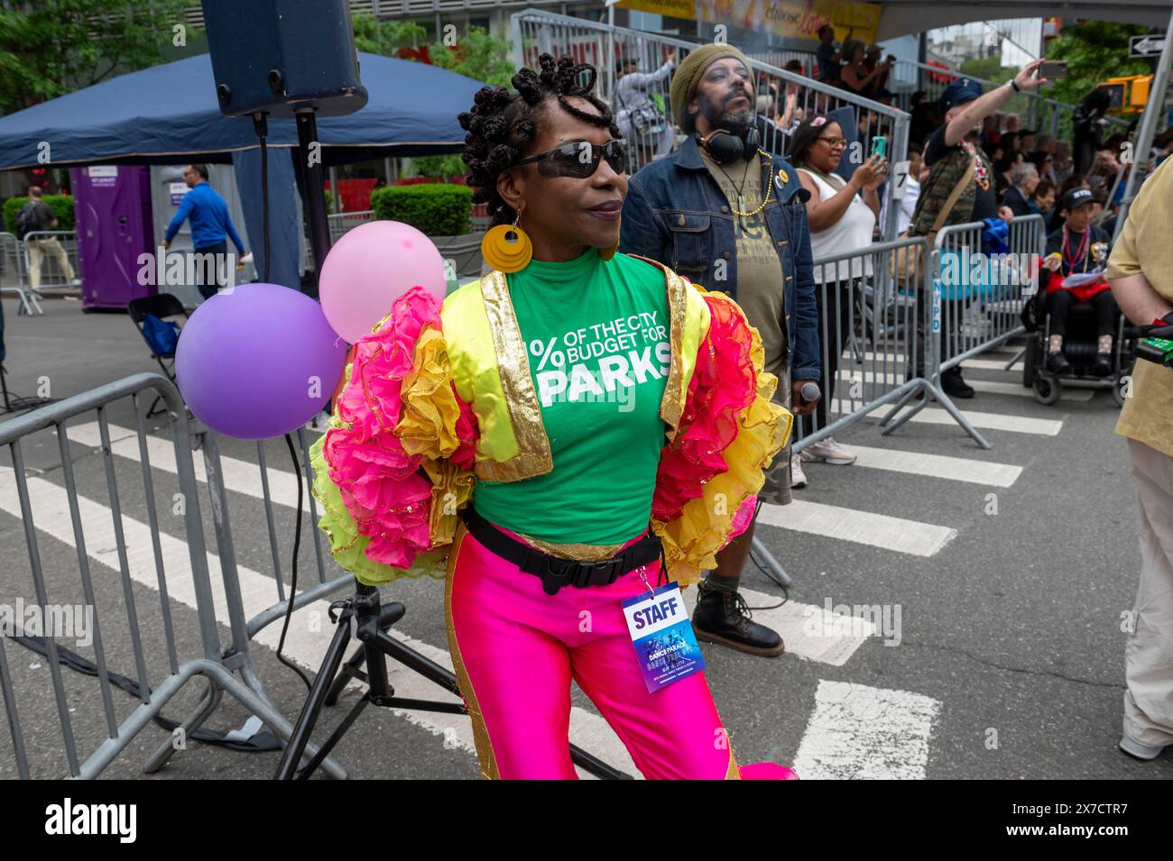 New York, United States. 18th May, 2024. Costumed parade staff poses ...