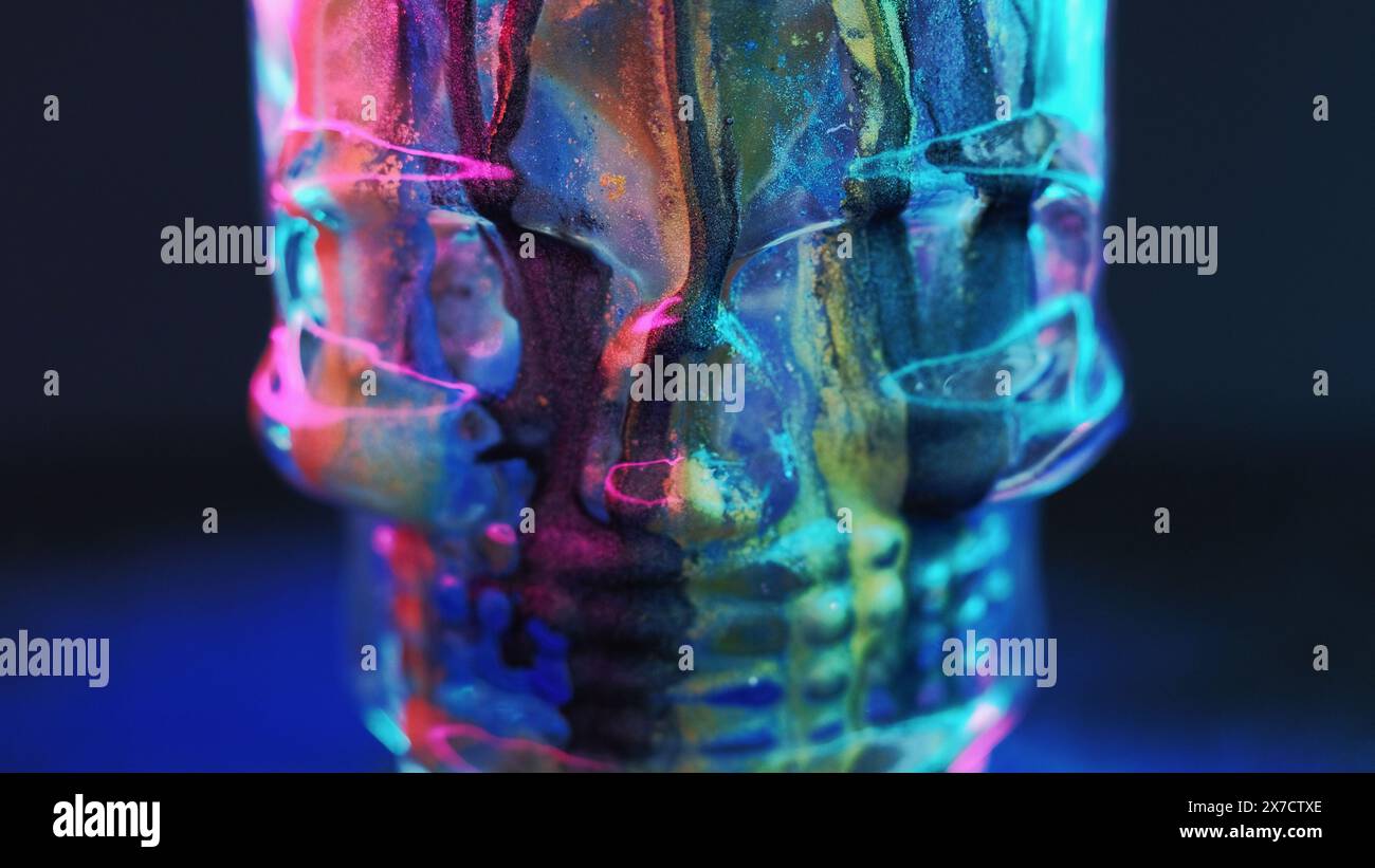 Neon skeleton. Glitter paint skull. Cyber death. Defocused fluorescent ...