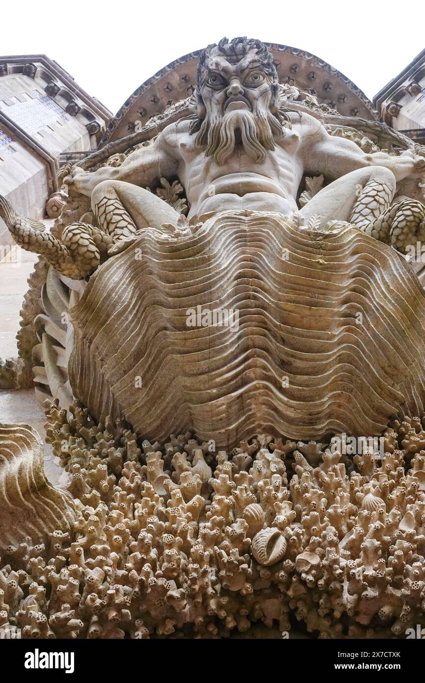 The ornate carved stone Triton Portico on the main facade at the Pena ...