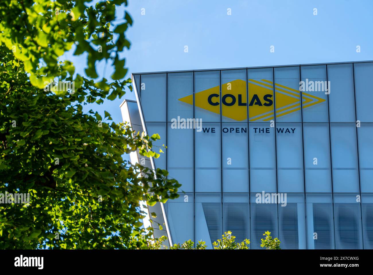 Sign and logo on the Colas headquarters building. Colas is a French ...
