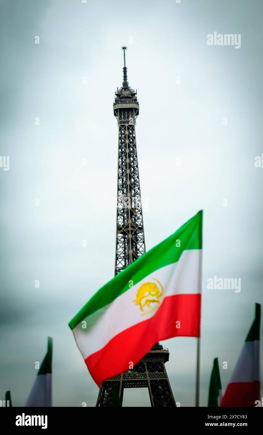 Old Iranian flag (Iran's flag under the former Shah regime) and Eiffel ...