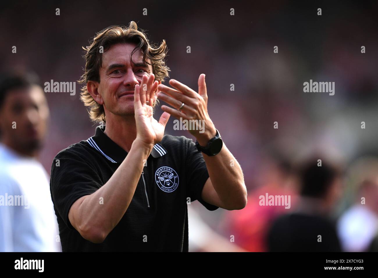 Brentford manager Thomas Frank applauds the fans following the Premier ...