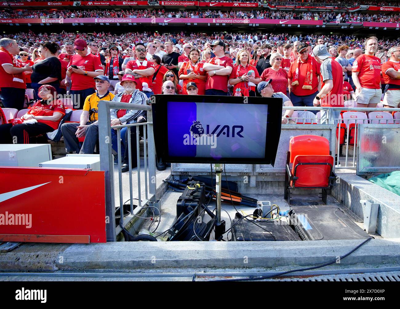 A general view of a pitchside VAR screen ahead of the Premier League ...