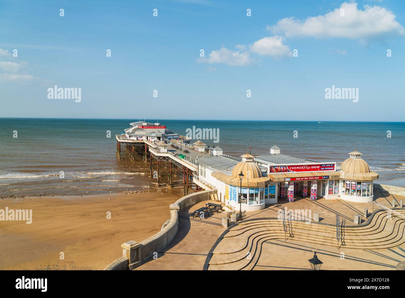 Cromer, England – May 13 2024: 3 quarter view of Cromer pier from above ...