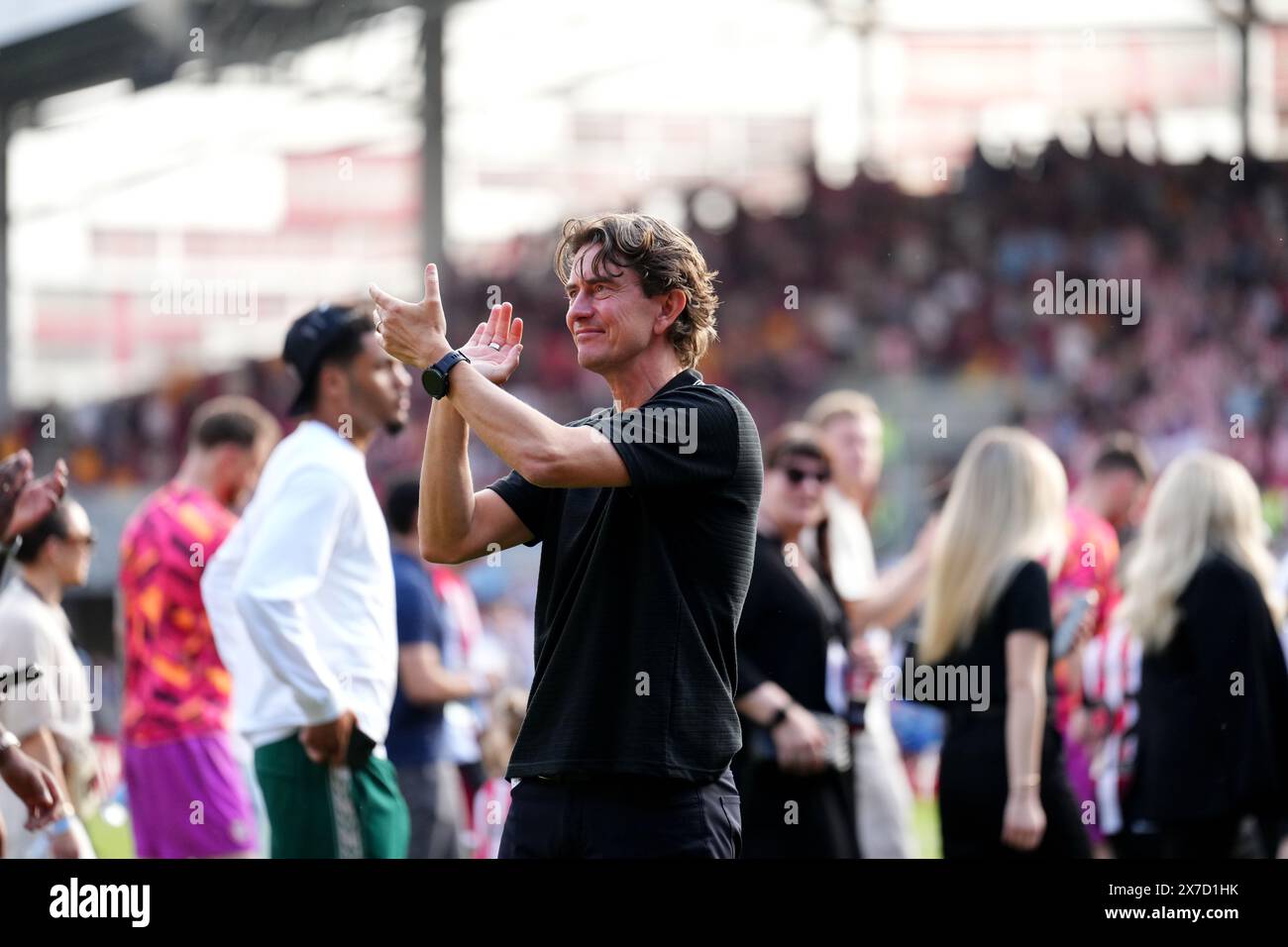 Brentford manager Thomas Frank applauds the fans following the Premier ...