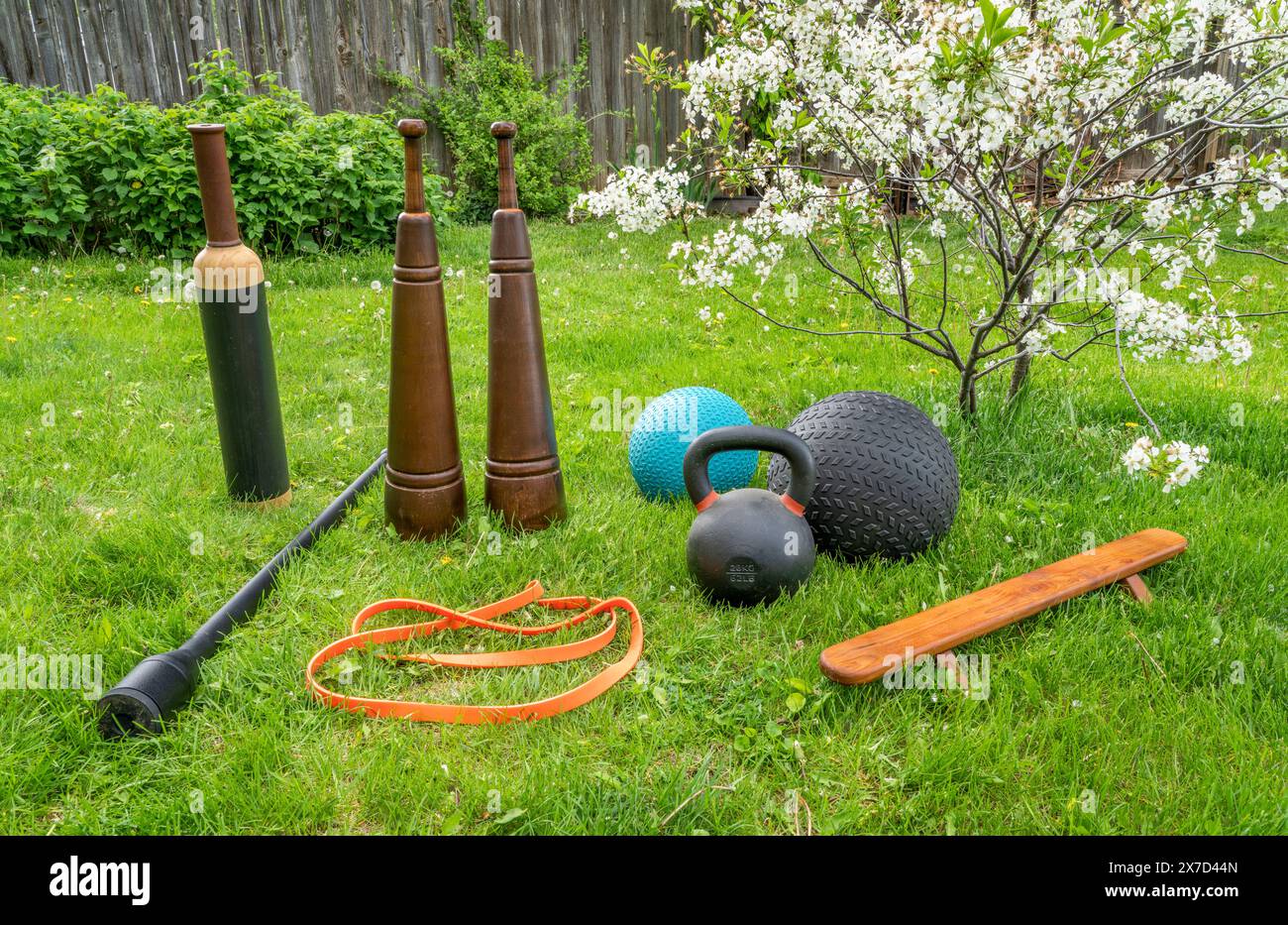 fitness equipment on green lawn in springtime scenery, backyard gym ...