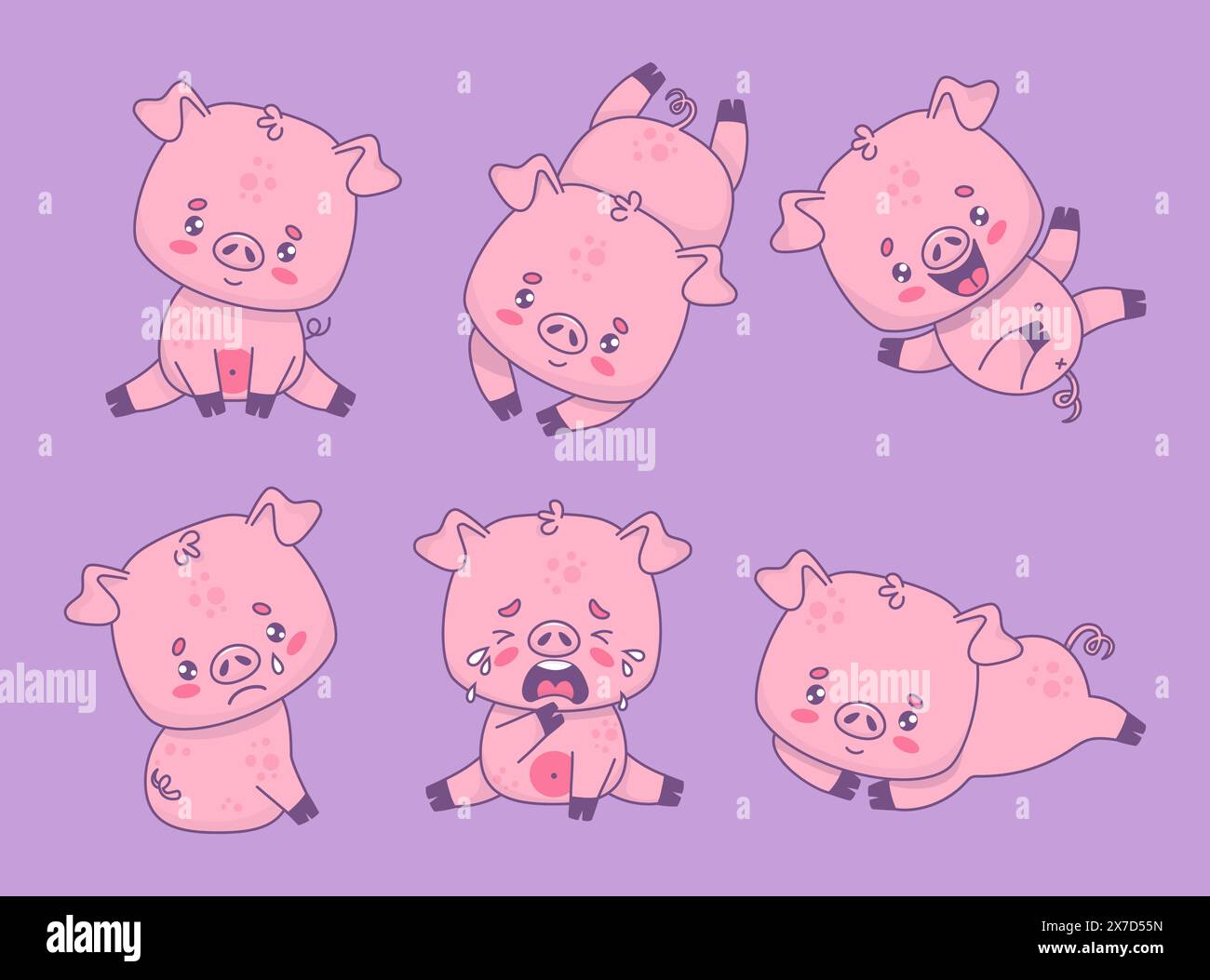 Cute funny piggy collection. Emotional pig. Smiling, sadness, smile ...