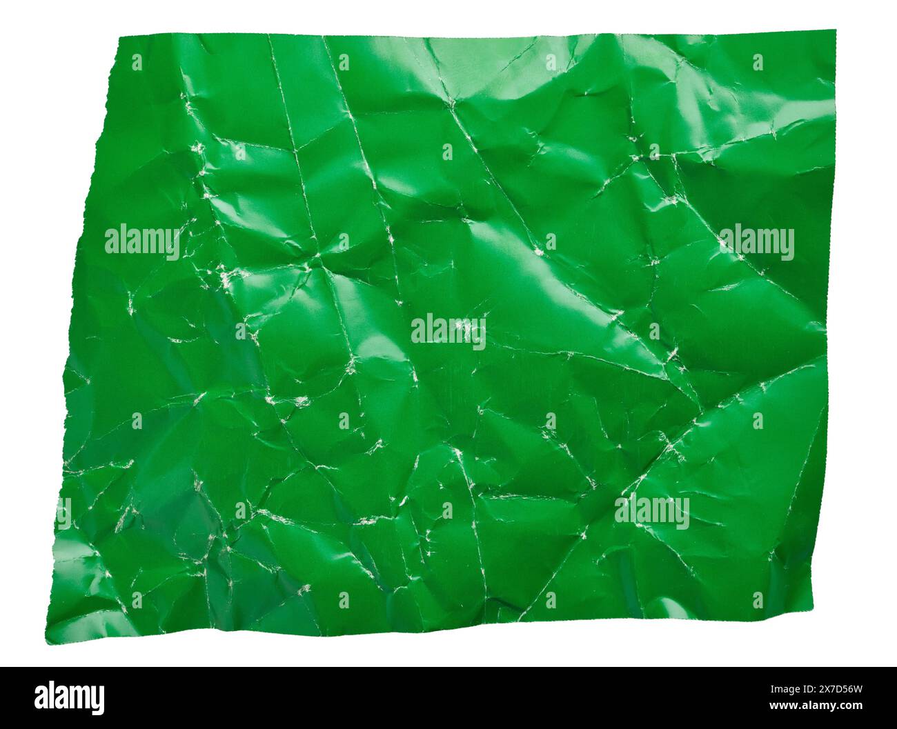 Green crumpled paper with folds texture cut out on white background ...