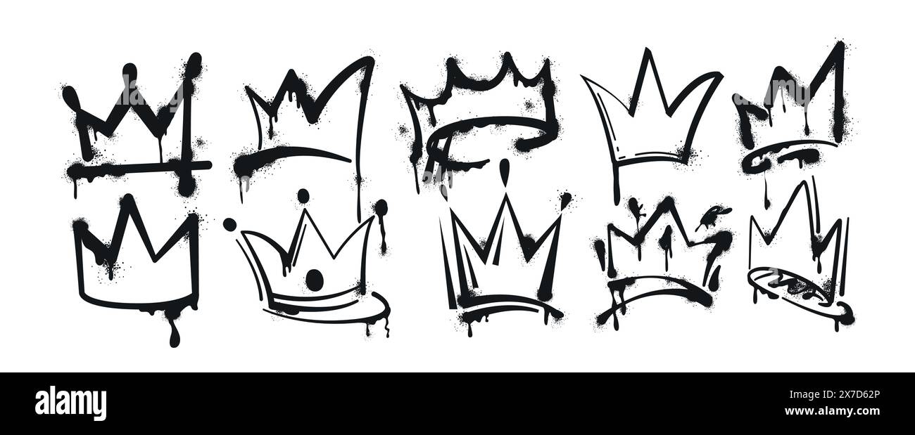 Vector spray paint graffiti crowns set. Black painted ink king, queen ...
