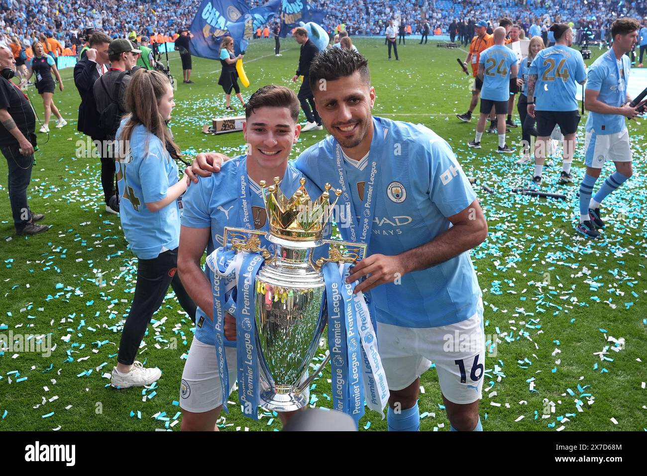 Manchester City's Julian Alvarez (left) and Rodri celebrate with the ...