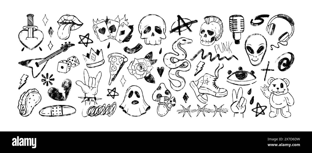 Black grafitti charcoal punk rock symbols. Hand drawn doodle rock n ...