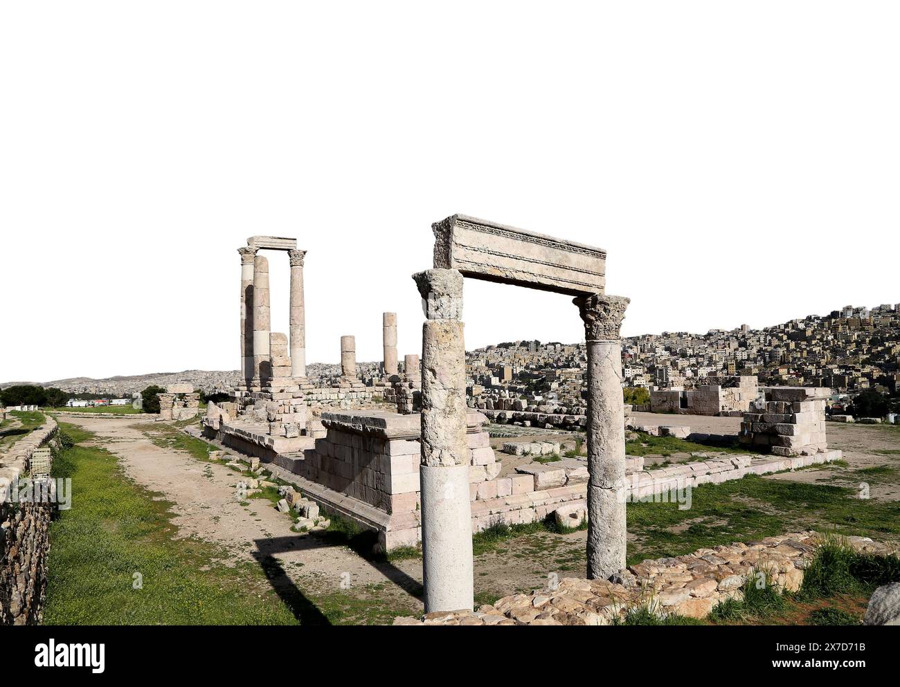 Amman city landmarks-- old roman Citadel Hill, Jordan. Carved, on white ...