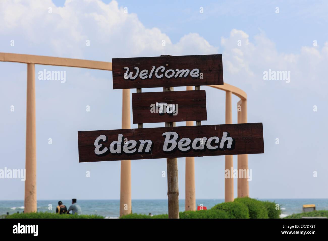 Welcome to Eden Beach board at the entrance of Eden Beach - Blue flag ...