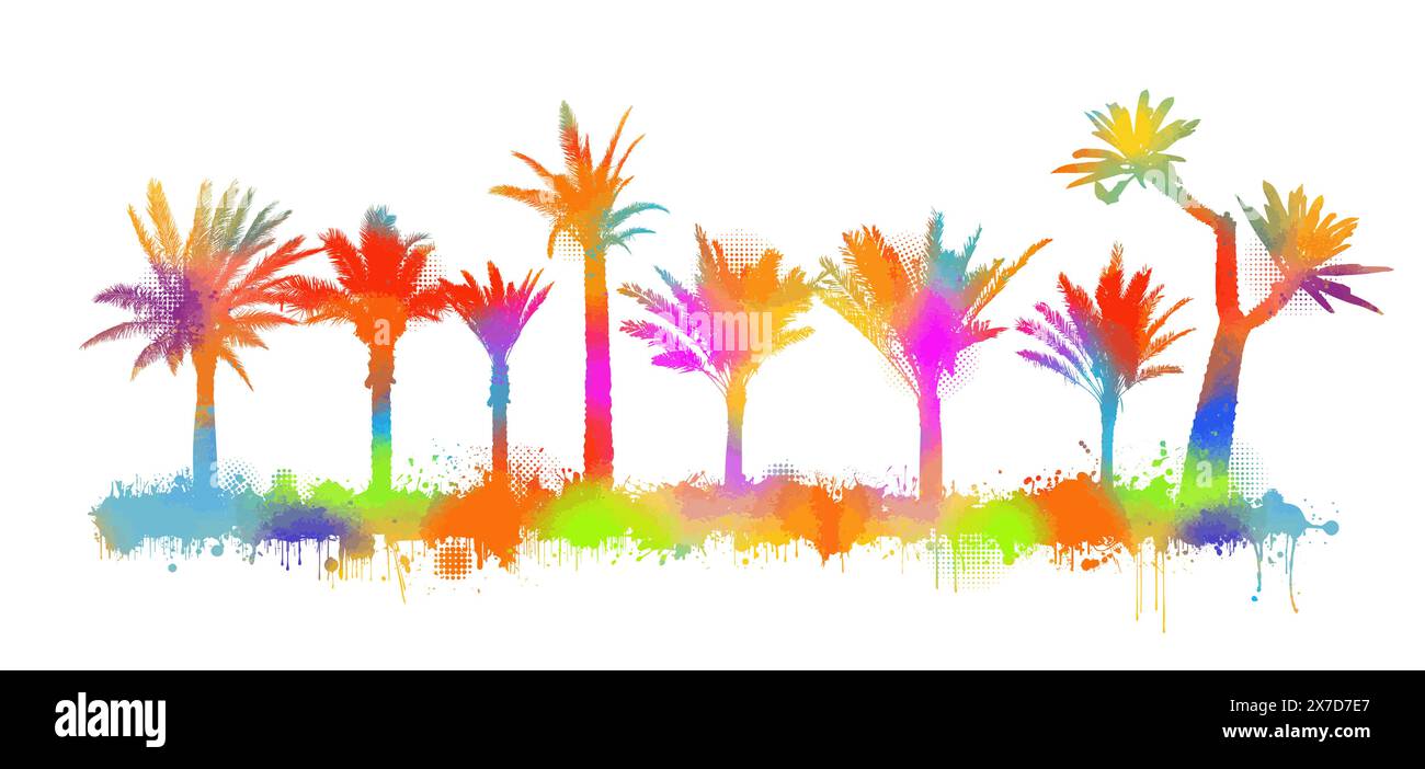 Silhouette of a Colored palm trees on a white background. hand drawing ...