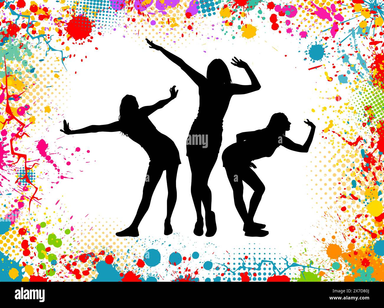 Abstract blots with silhouettes of dancing girls. disco. hand drawing ...