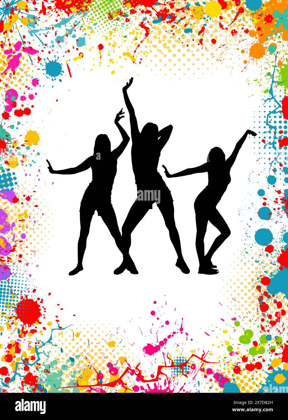 Abstract blots with silhouettes of dancing girls. disco. hand drawing ...