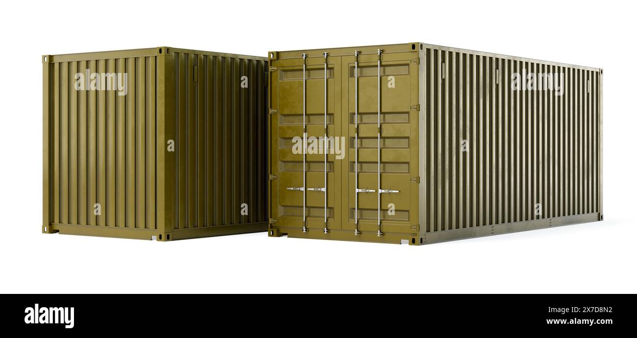 3d render illustration of a closed cargo container. Perspective front ...