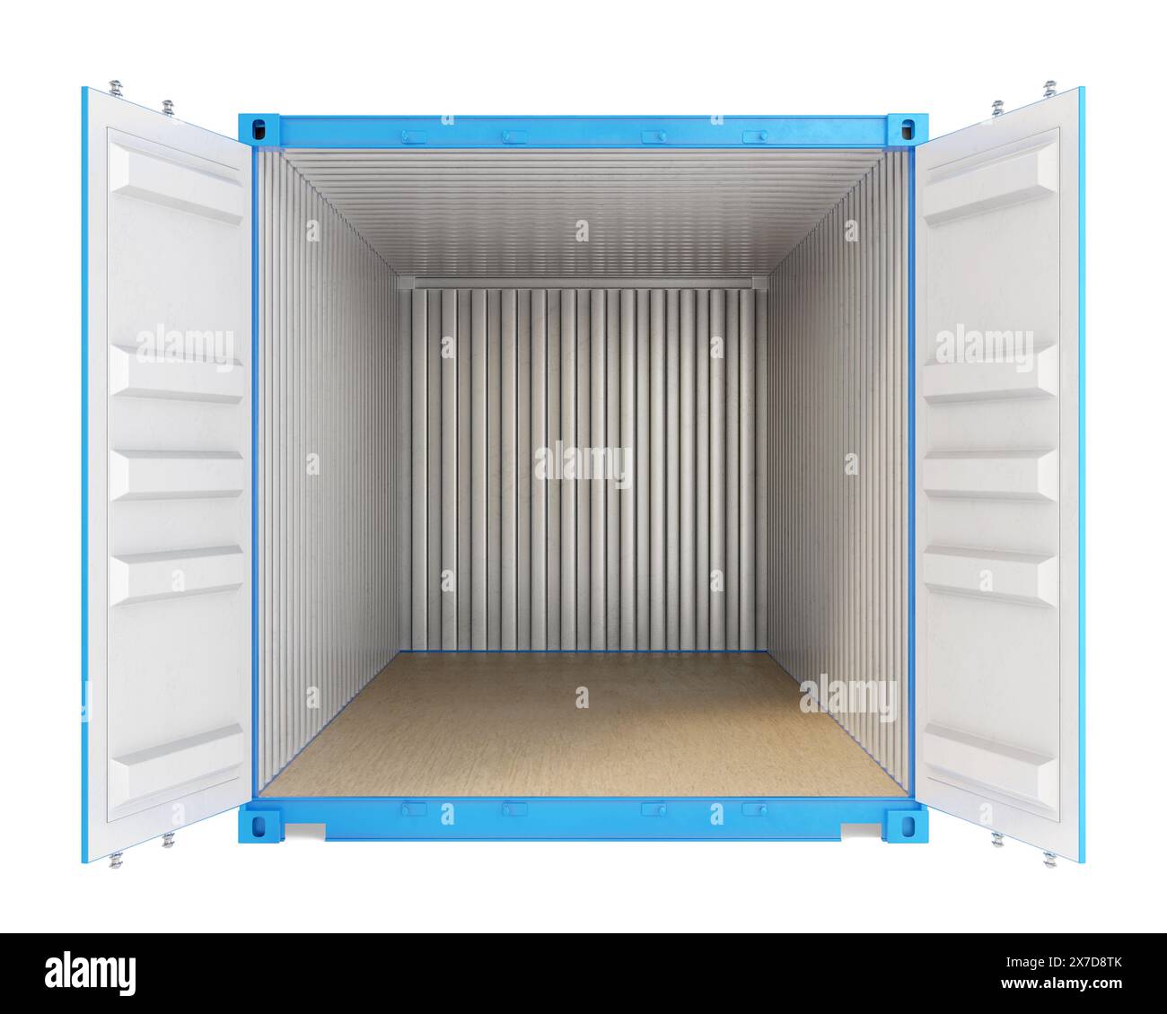 3d render illustration of a opened cargo container. Perspective front ...