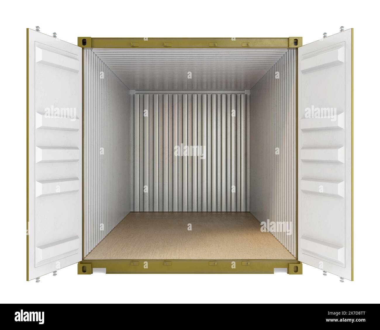 3d render illustration of a opened cargo container. Perspective front ...