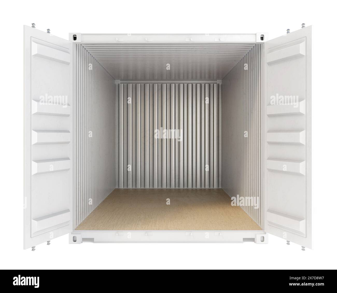 3d render illustration of a opened cargo container. Perspective front ...