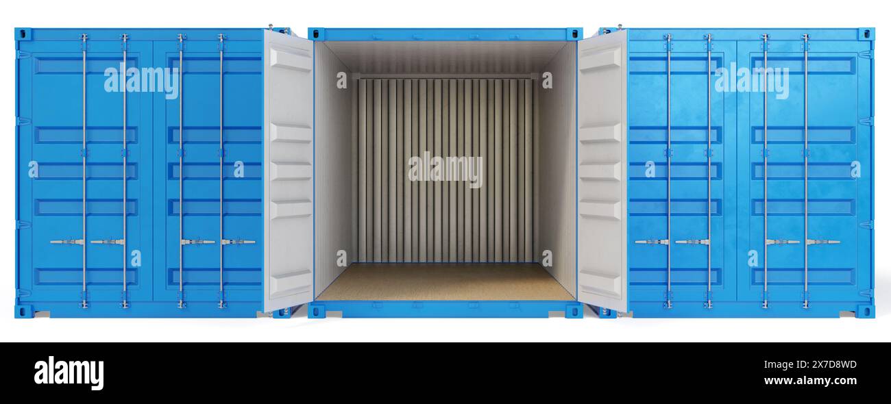 3d render illustration of a opened and closed cargo container wall ...