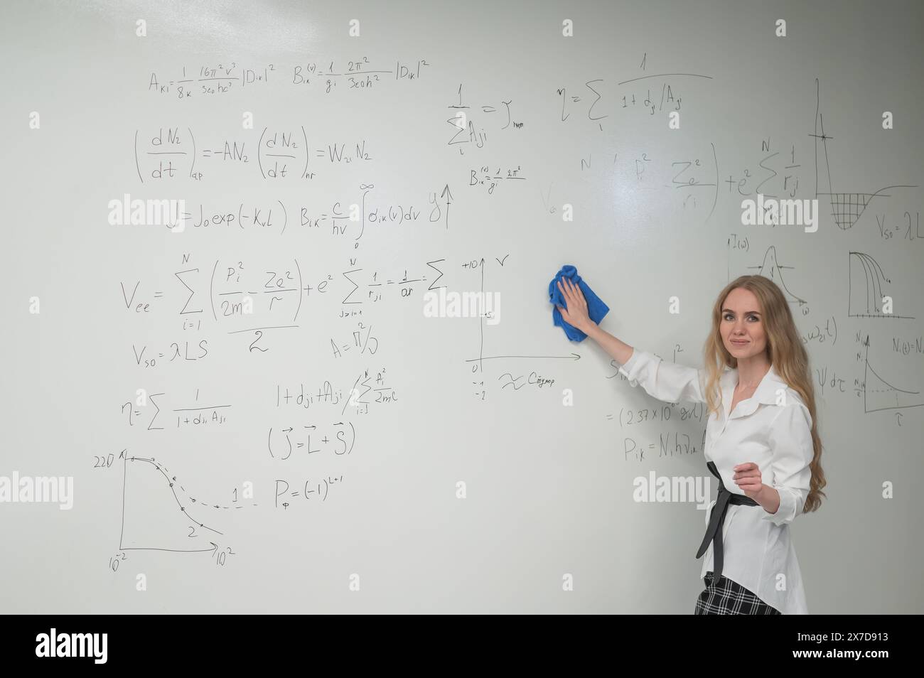 Caucasian woman erasing formulas from white board Stock Photo - Alamy