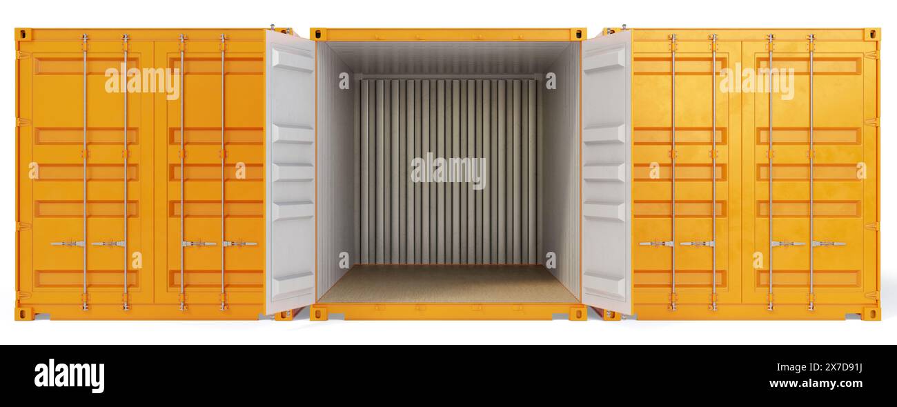 3d render illustration of a opened and closed cargo container wall ...