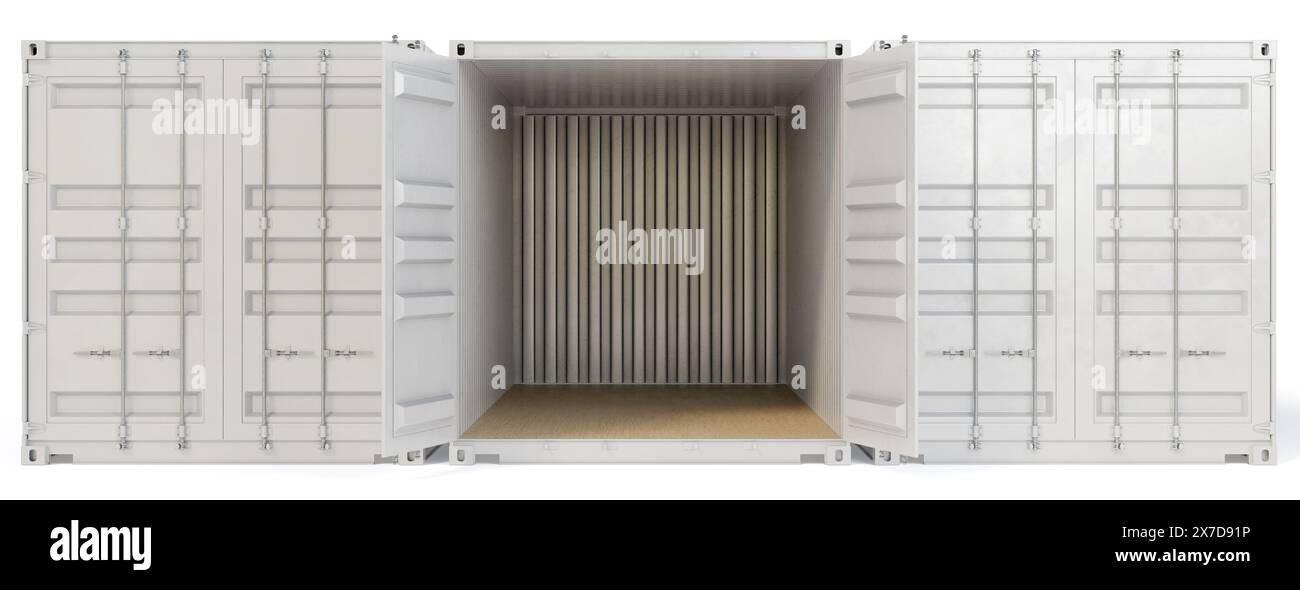 3d render illustration of a opened and closed cargo container wall ...