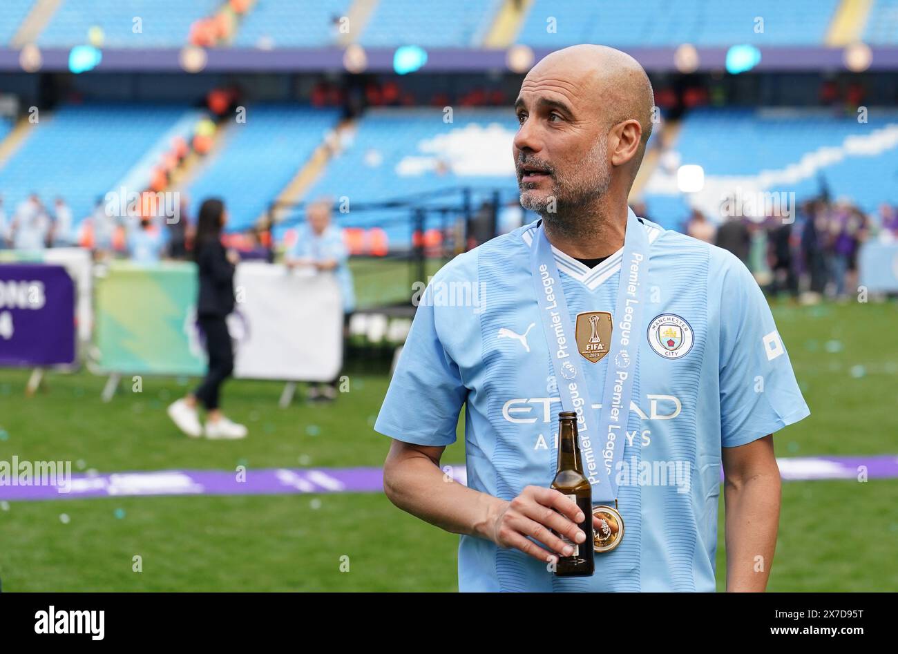 Manchester City manager Pep Guardiola celebrating after the Premier ...