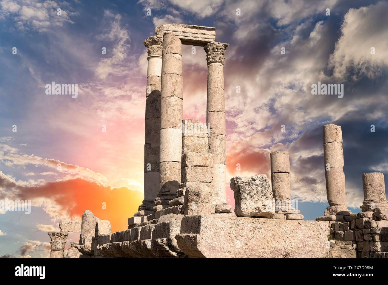 Amman city landmarks-- old roman Citadel Hill, Jordan. Against the ...