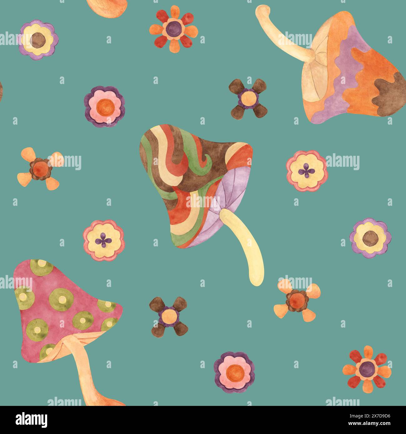 Retro groovy seamless pattern with mushrooms and flowers in watercolor ...