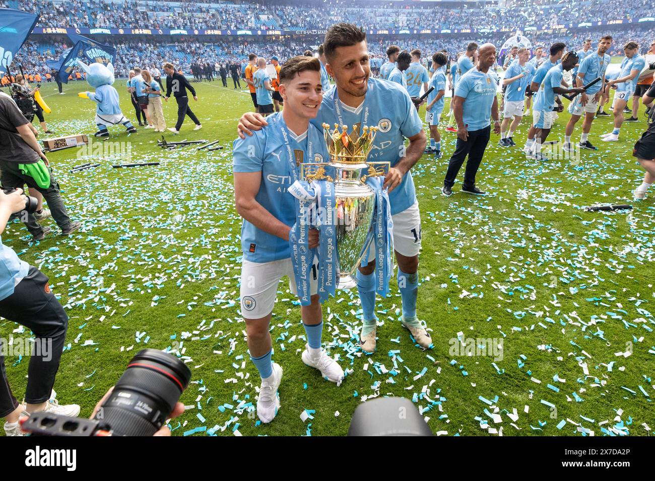 Julian Alvarez of Manchester City and Rodrigo of Manchester City pose ...