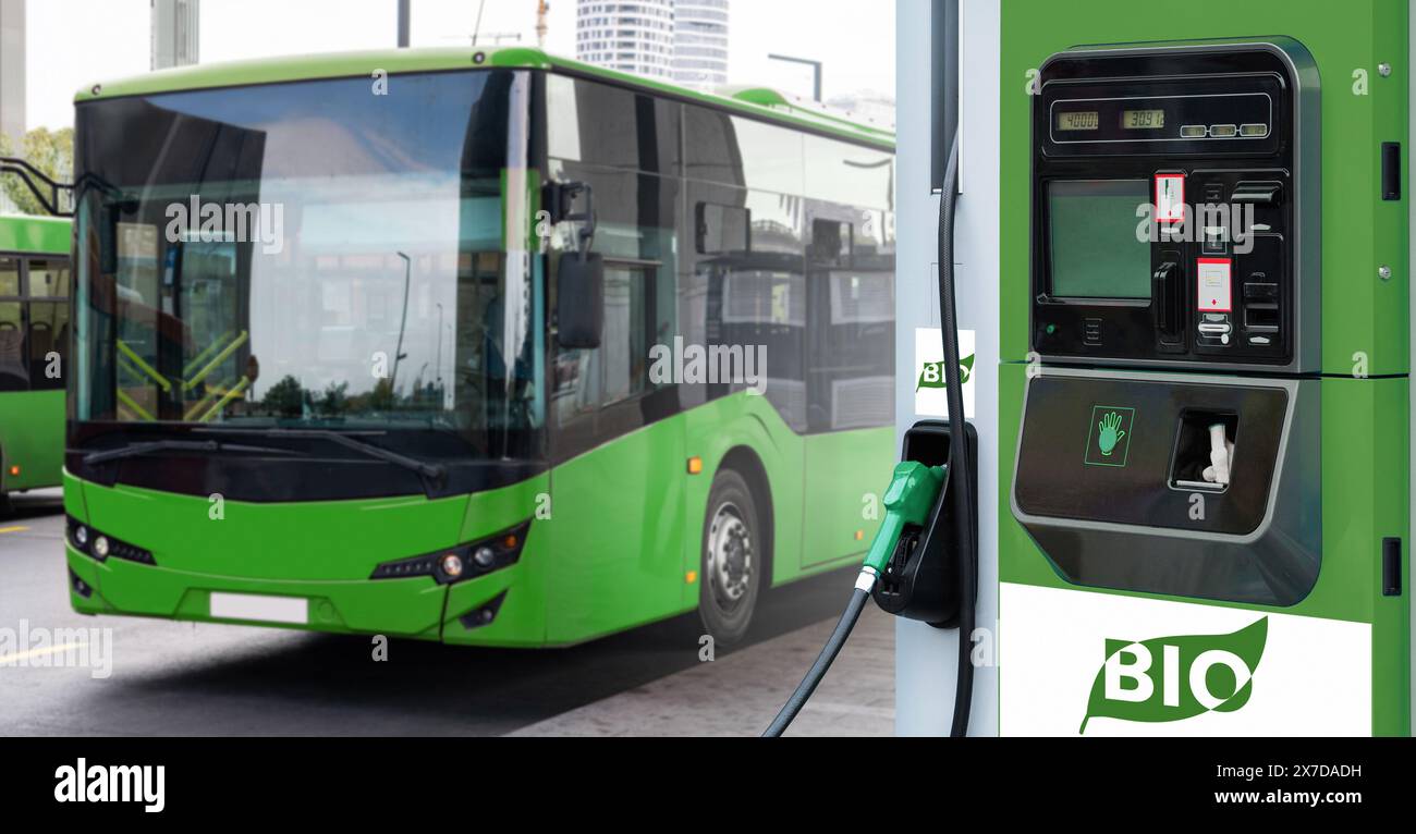 Biofuel filling station on a background of green city bus ...