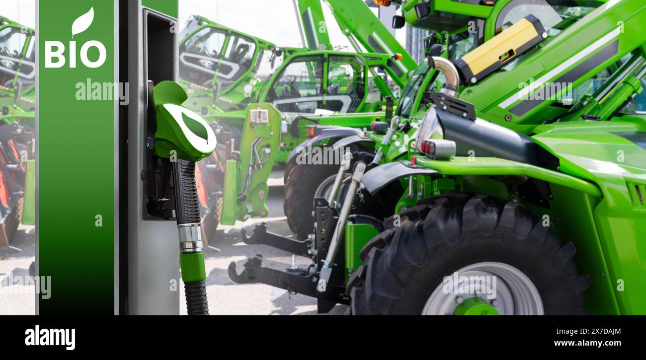 Biofuel filling station on a background of green construction machines ...