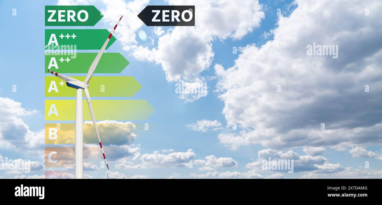 Renewable energy sources with energy label. Arrow points to Zero Stock ...