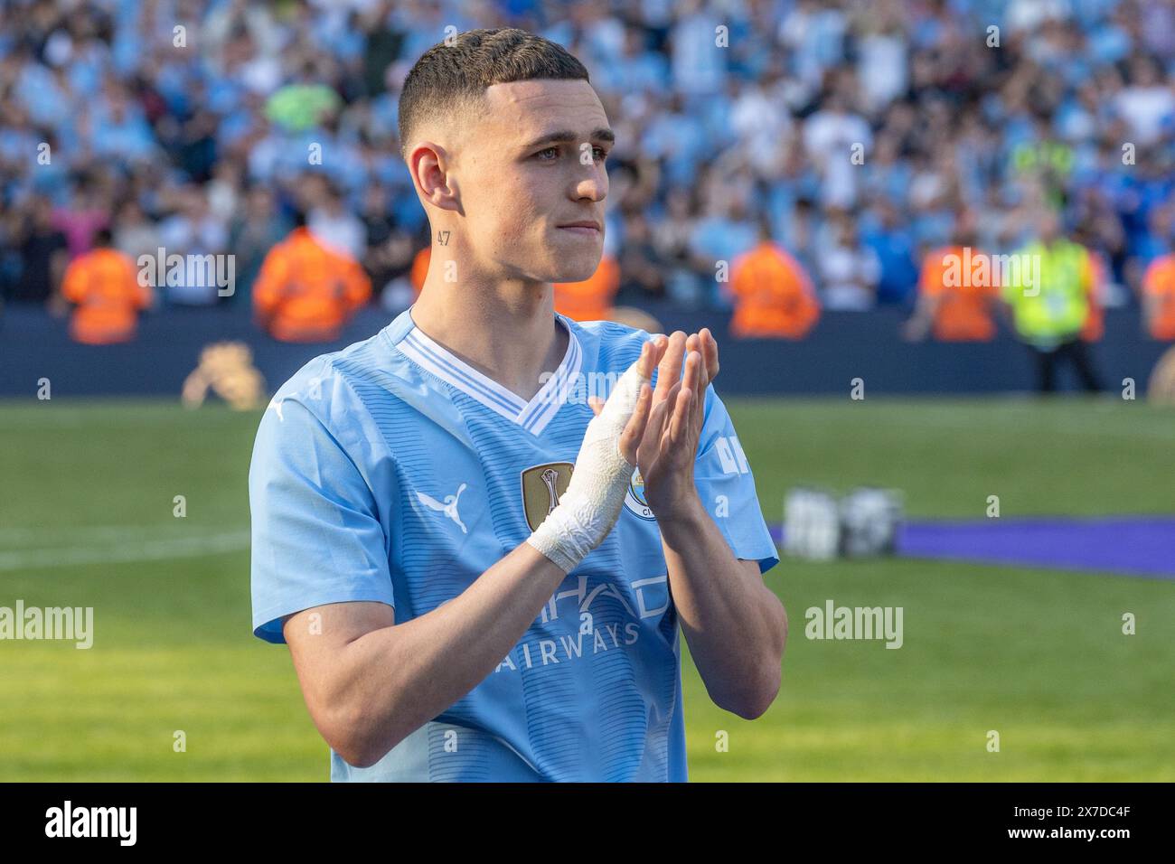 Phil Foden of Manchester City applauds the fans during the Premier ...