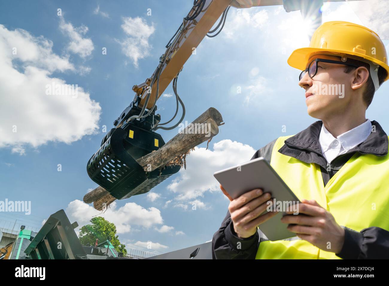Worker with digital tablet controls process of loading timber Stock ...