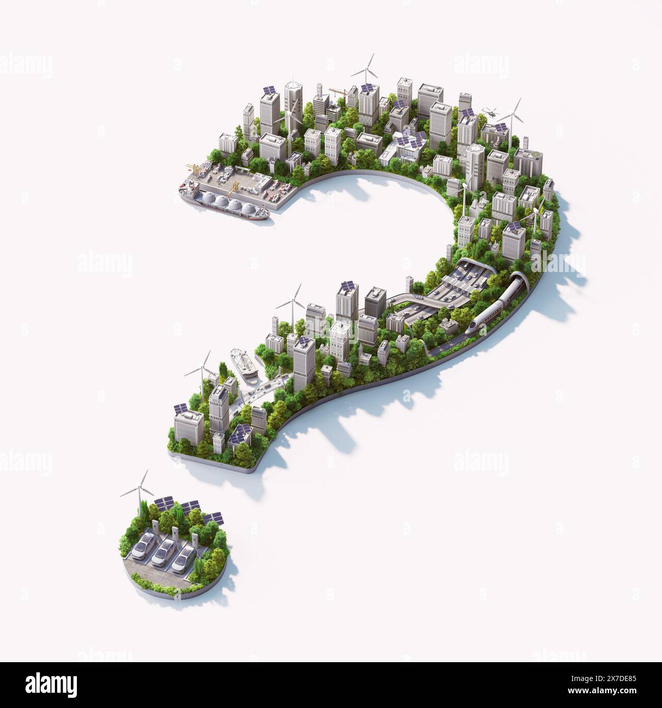 3d isometric artwork of question mark green city elements, trees, solar ...