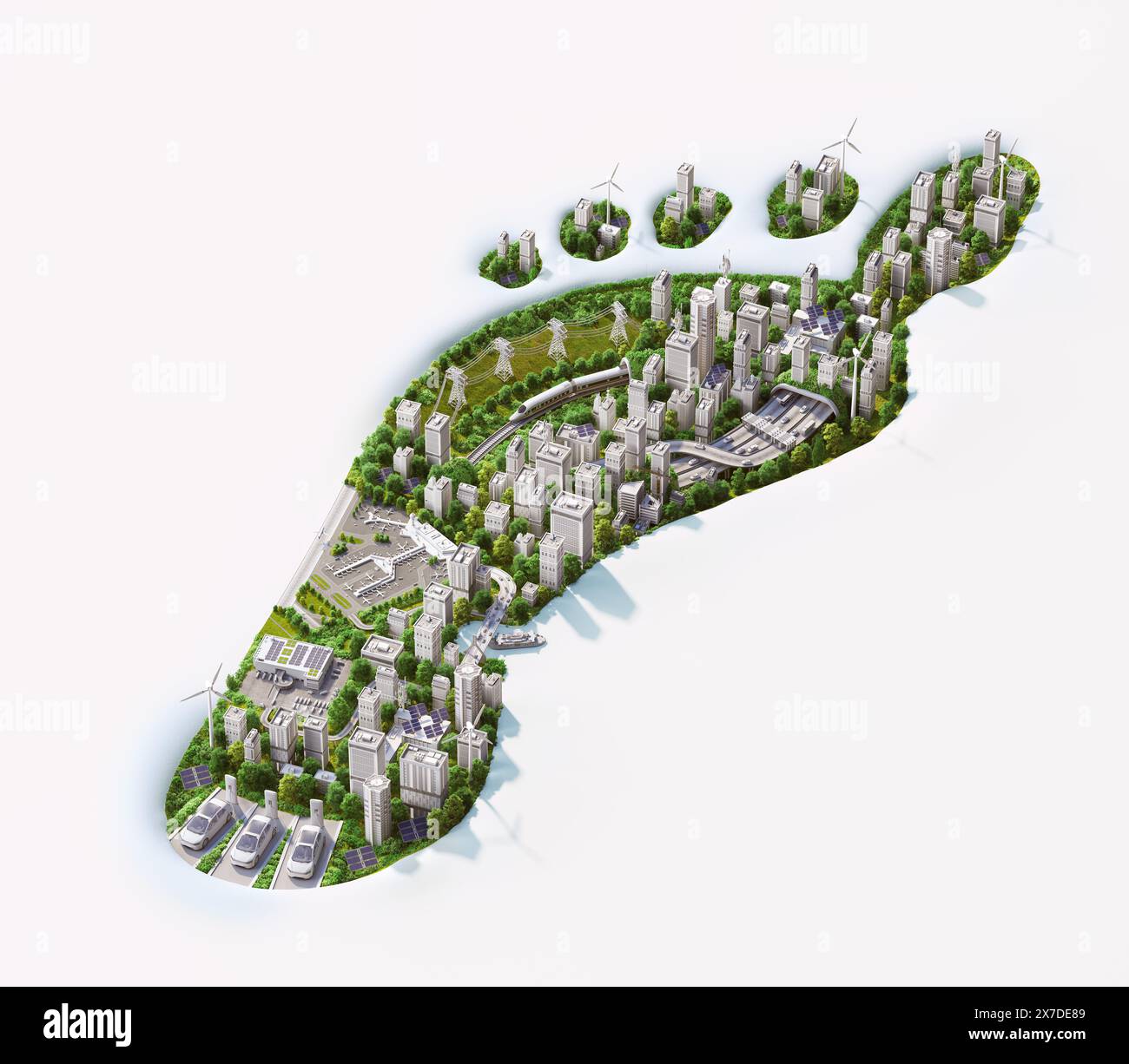 3d isometric visualization of footprint green city elements, trees ...
