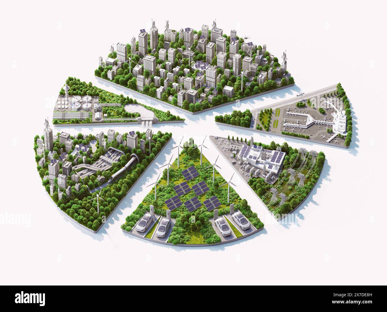 3d isometric visualization of pie chart green city elements, trees ...