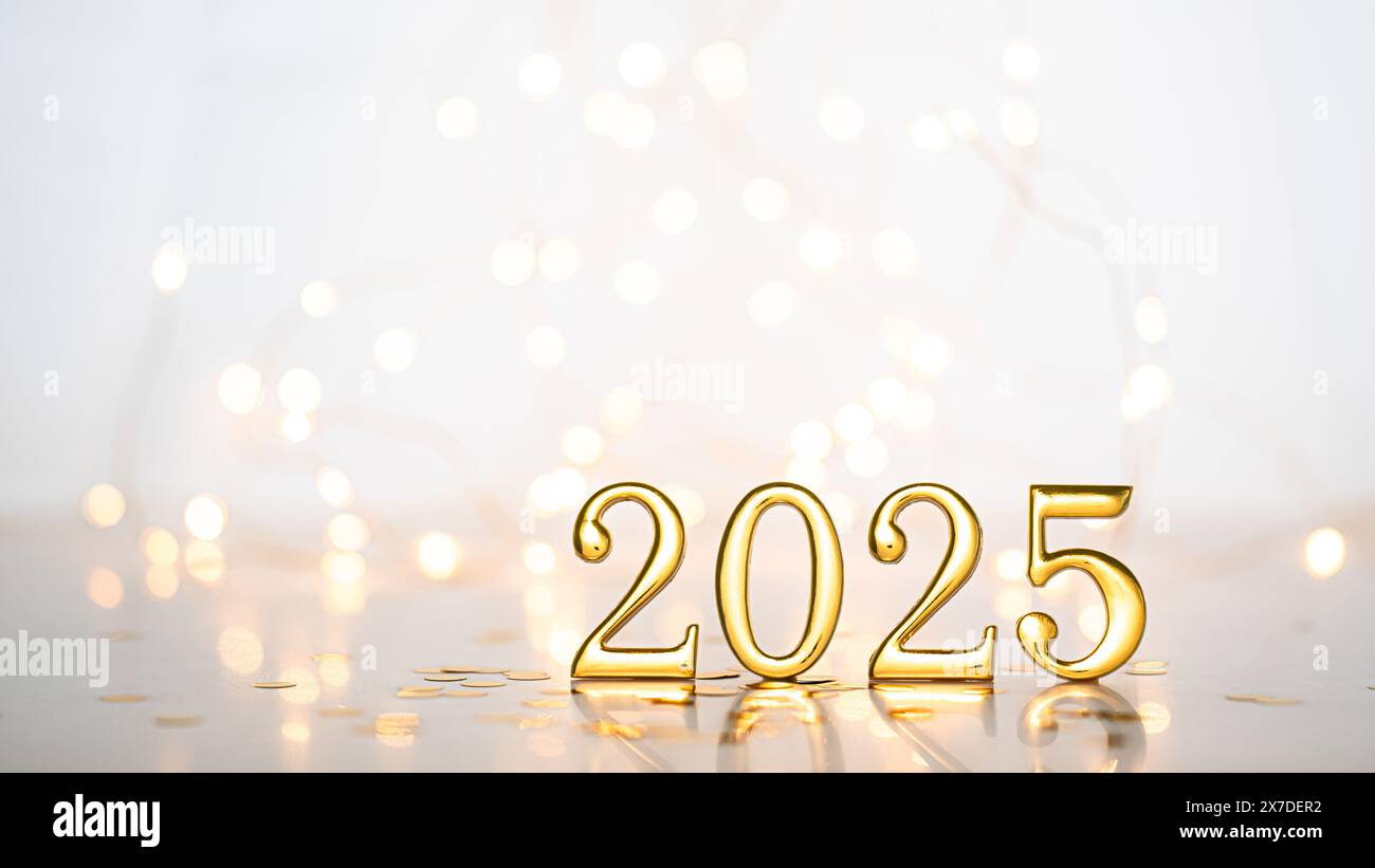 Golden 2025 Numbers With Festive Lights Bokeh on Reflective Surface ... Golden 2025 Numbers With Festive Lights Bokeh on Reflective Surface ...
