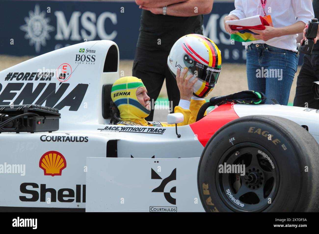 Sebastian Vettel (GER) Former F1 Drivers, tribute to Ayrton Senna with McLaren Mp4/8 Ford WC ...