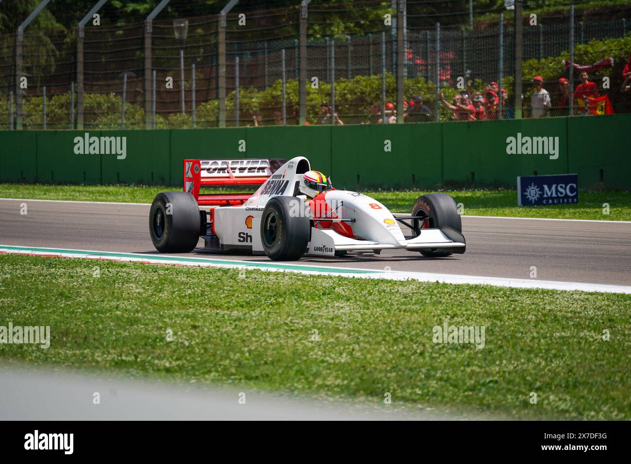 Sebastian Vettel (GER) Former F1 Drivers, tribute to Ayrton Senna with McLaren Mp4/8 Ford WC ...