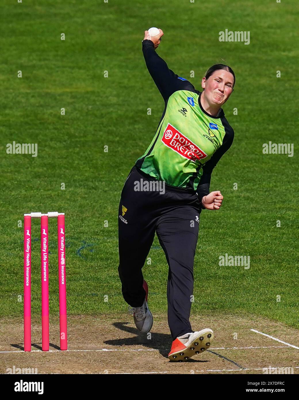 Bristol, UK, 19 May 2024. Western Storm's Alex Griffiths bowling during ...