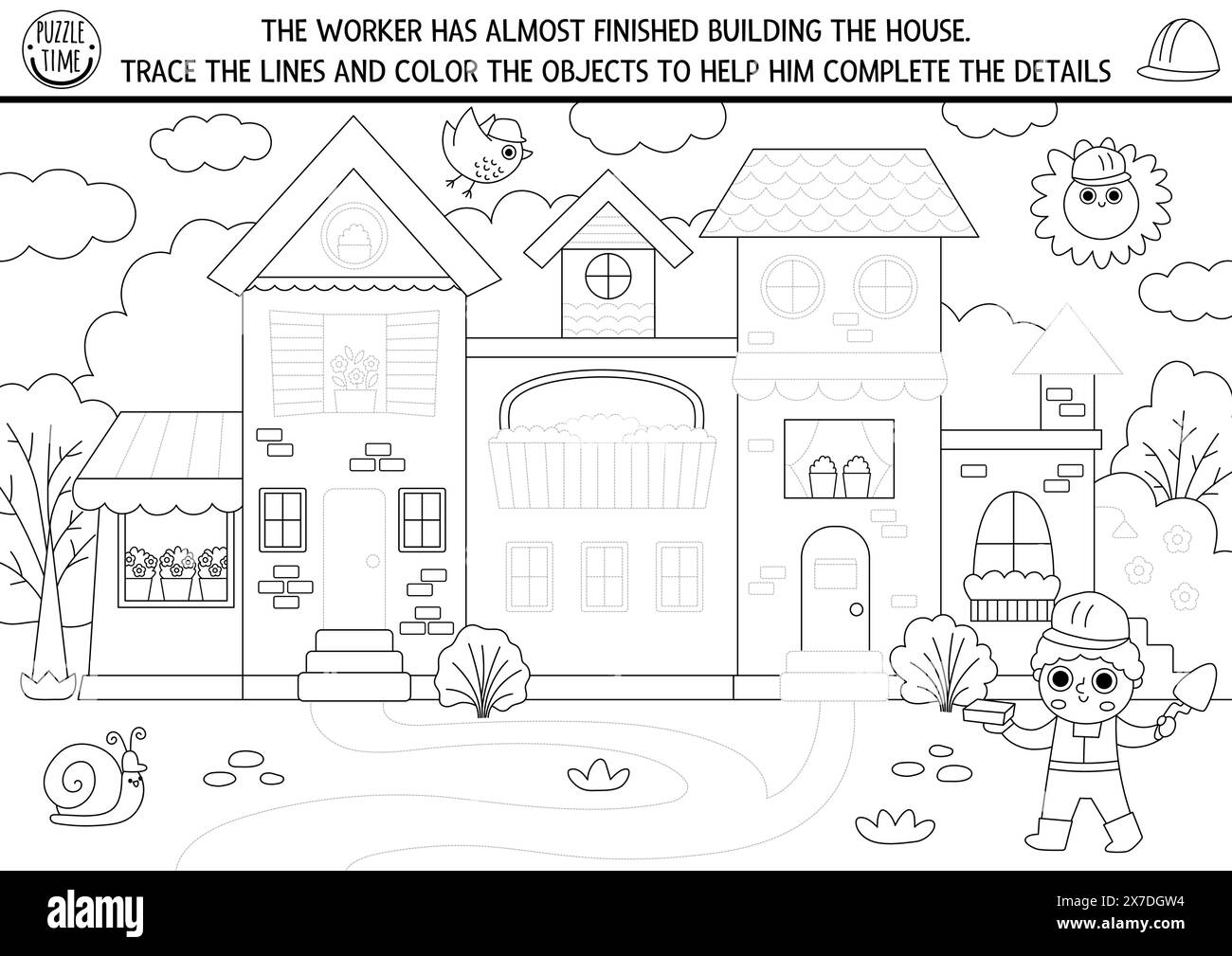 Construction site black and white drawing, coloring, tracing and ...