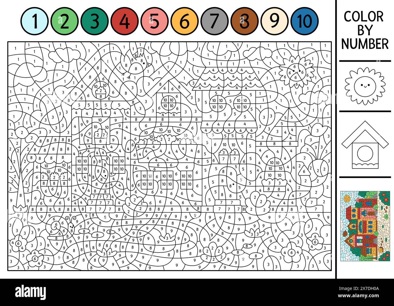 Vector color by number activity with city scene with beautiful house ...