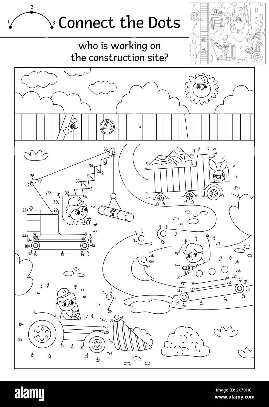Vector dot-to-dot and color activity with construction site scene ...
