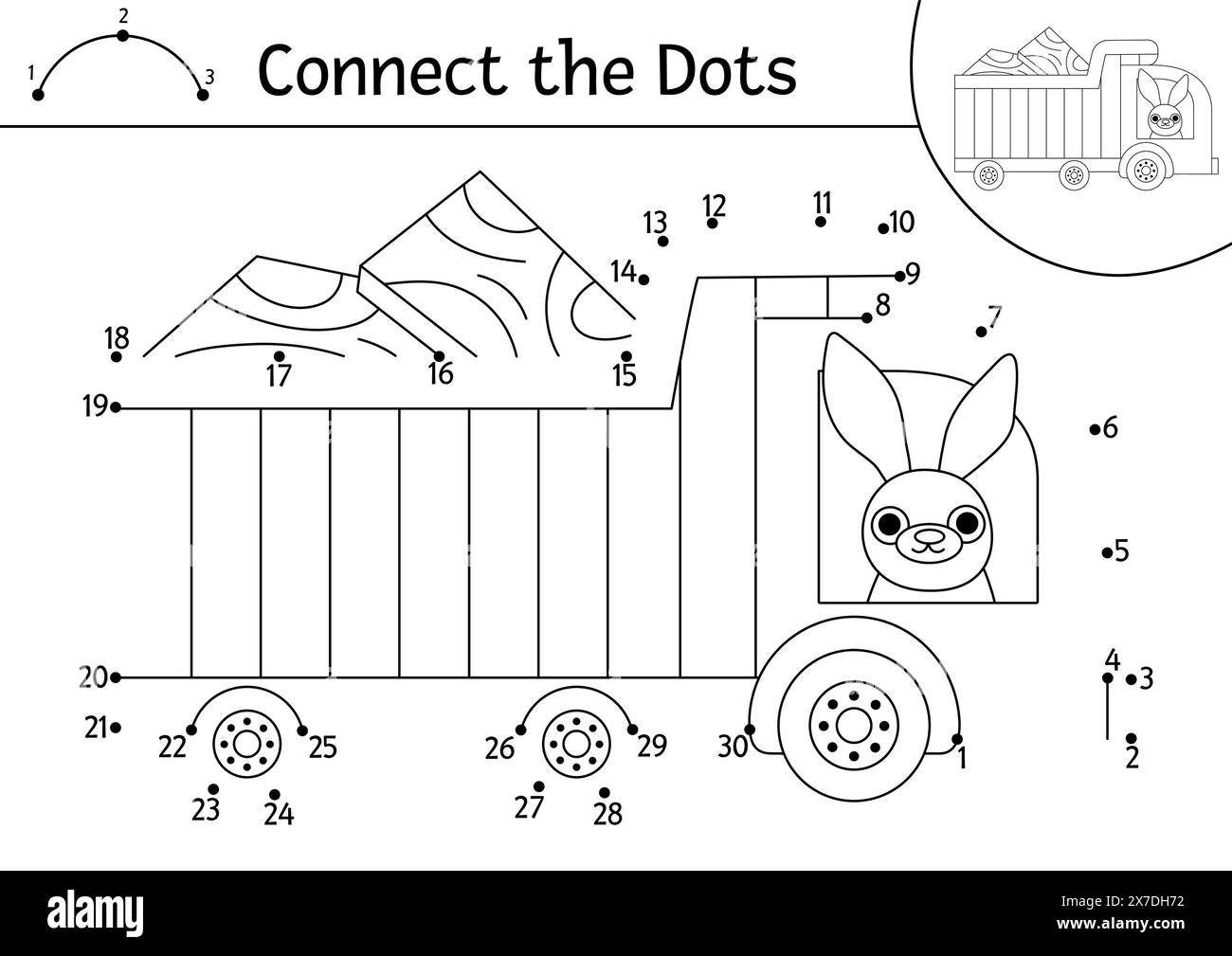Vector construction site dot-to-dot and color activity with truck, hare ...