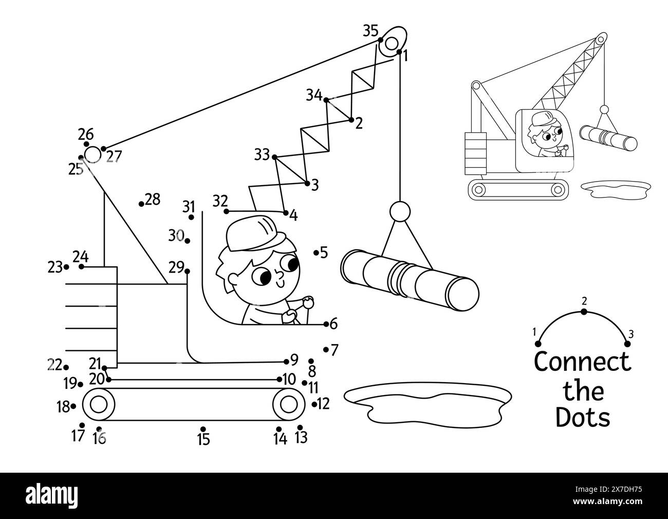 Vector construction site dot-to-dot and color activity with crawler ...